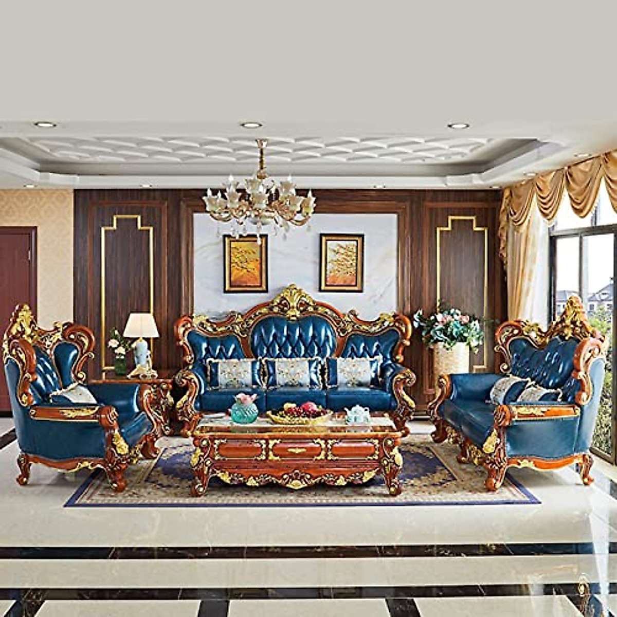 DEKIST European-Style Leather Sofa, Solid Wood Carved Luxury American-Style Villa Sofa, Living Room Furniture Combination Single Sofa is Suitable for Villas, Clubs, Apartme