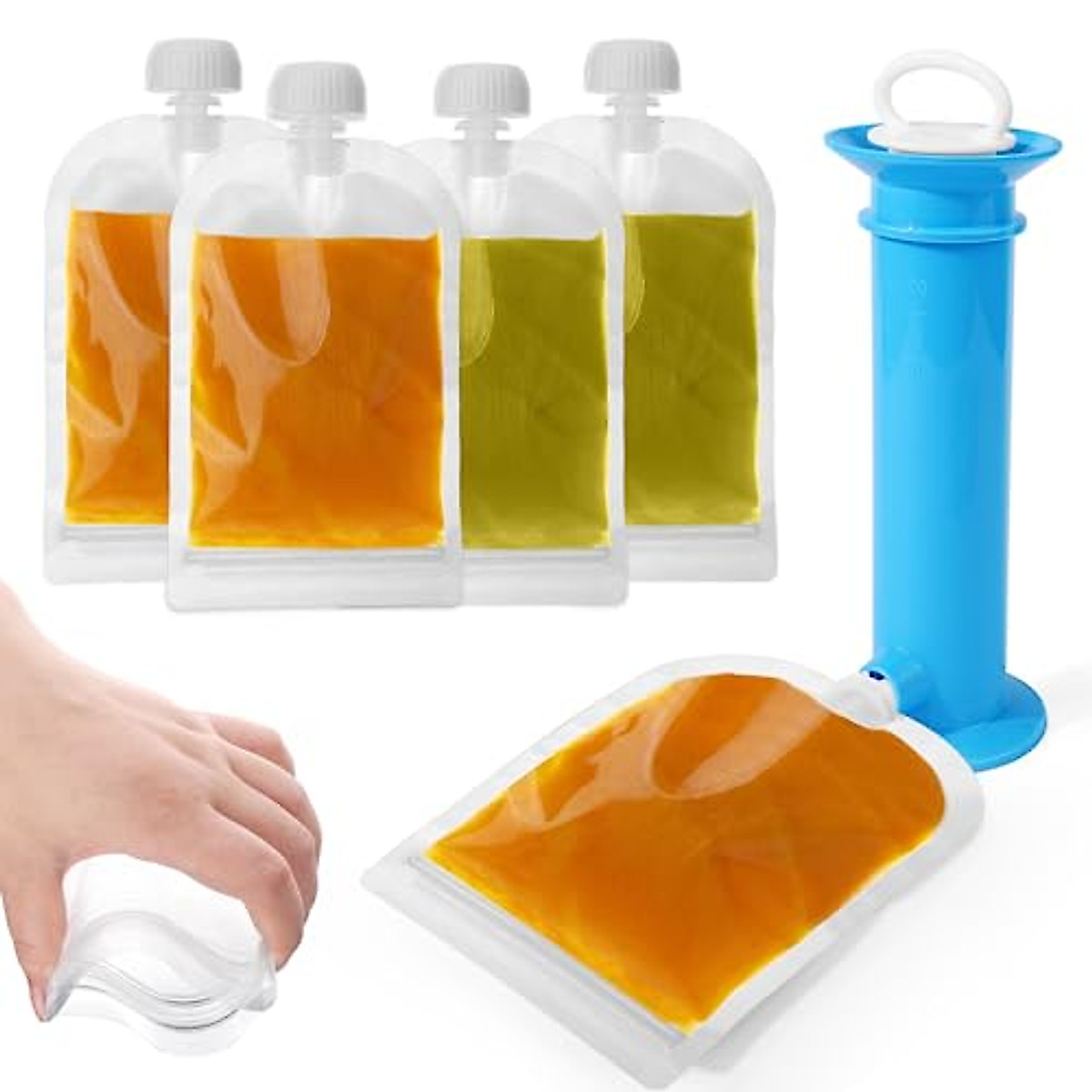BABORUI Reusable Baby Food Pouches Filler Kit, Portable Baby Food Pouches Refillable Kit for Applesauce Yogurt Smoothie, Baby Food Maker with 4pcs Reusable Pouches for Toddlers Baby