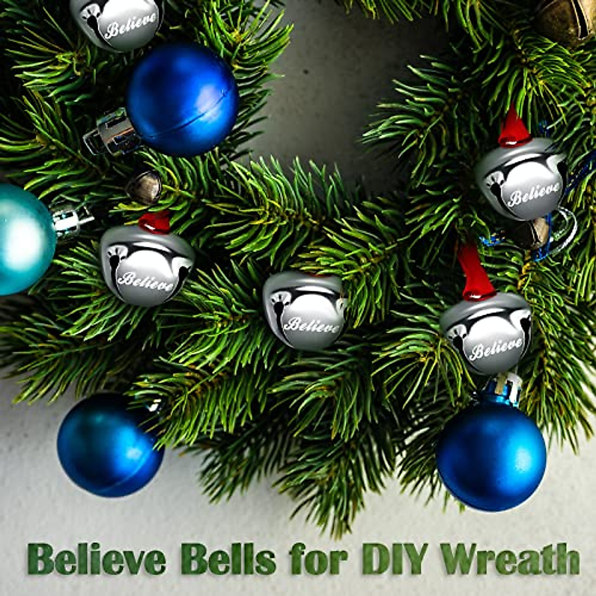 1.5 Inch Believe Bell Ornament Christmas Sleigh Bell with Red Ribbon Metal Christmas Bell Ornament for Christmas Tree Holiday Decoration (Silver, 12 Pieces)