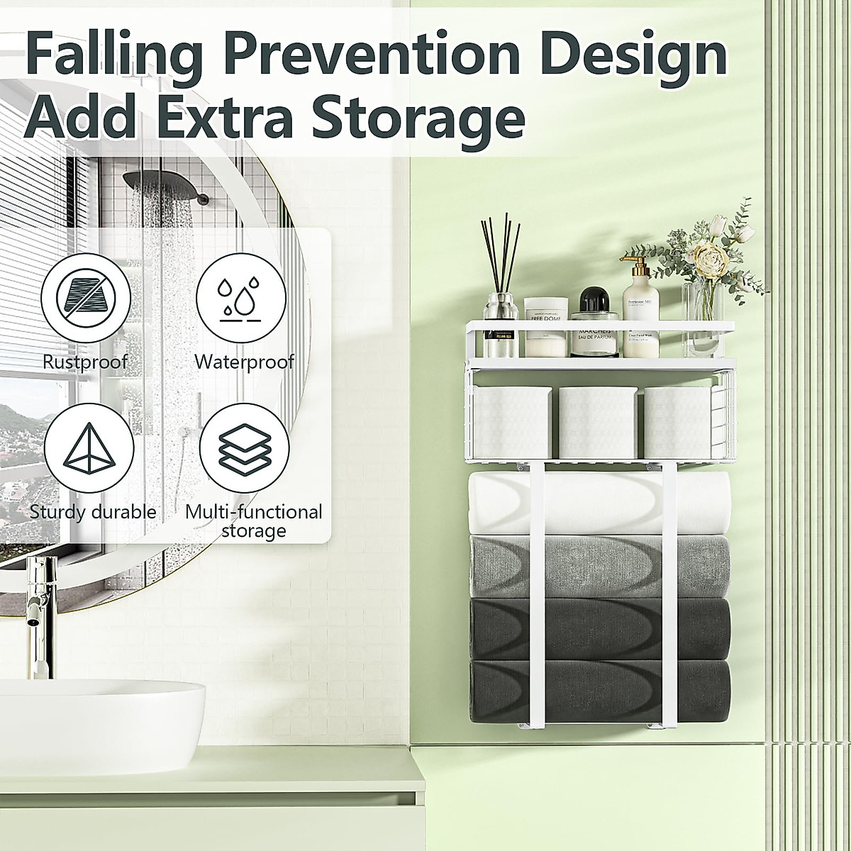 Towel Racks for Bathroom, Bathroom Shelf Over Toilet,Floating Shelves with Towel Rack Paper Holder Storage Basket,Floating Shelves for Wall Decor,White