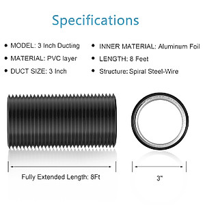 Hon&Guan 3" x 8FT Insulated Duct with Aluminum Foil, Flexible Dryer Vent Hose for HVAC Ventilation and Duct Fan Systems, 2 Clamps Include