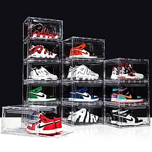 AOHMPT Upgraded 12 Pack Shoe Box,Acrylic Clear Shoe Boxes,Drop Front Shoe Storage Box,Clear Plastic Stackable Sneaker Box,Shoe Containers,Shoe Display Case,Sneaker Storage,Fits Up to Size 15