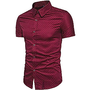 MUSE FATH Men's Printed Dress Shirt-Cotton Casual Short Sleeve Shirt-Interview Dress Shirt-Wine Red-XL