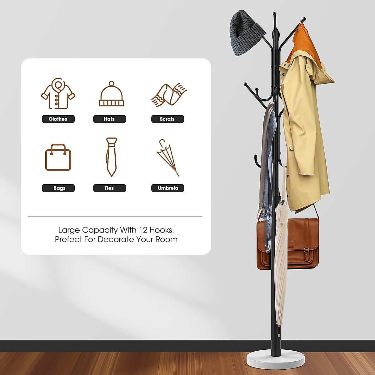 Ulimart Coat Racks Free Standing,Metal Sturdy Coat Rack with 12 Storages,Coat Tree with Natural Marble Base,For Hanging Coat Bags Hats Umbrella,For Entryway Bedroom Office