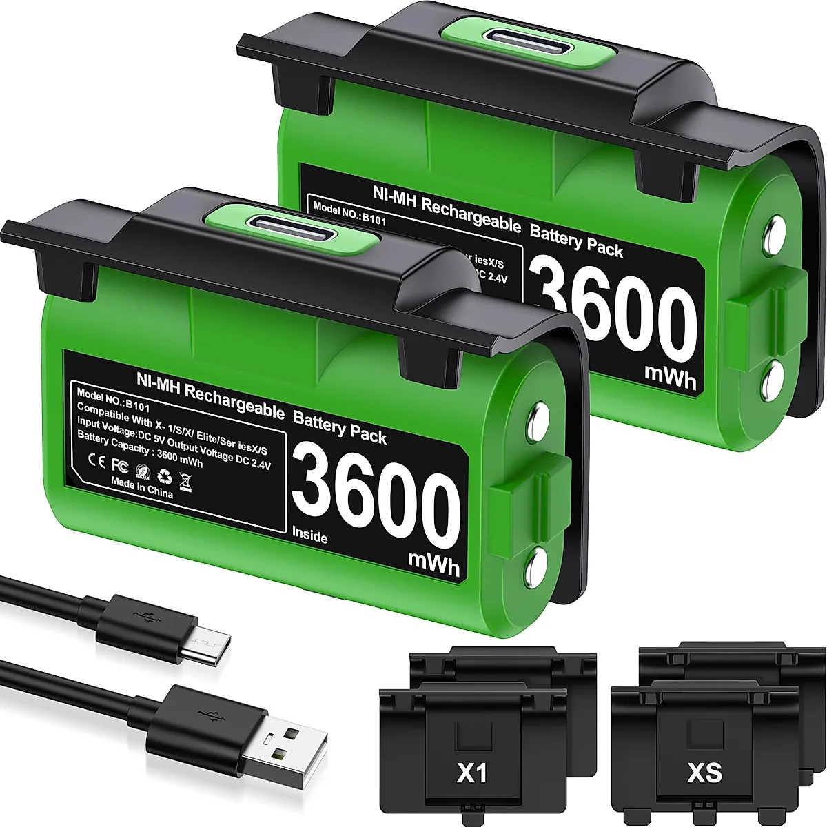 EXTREMECOOL Rechargeable Xbox Controller Battery Pack for Xbox Series X|S/One S|X/One Elite Controllers, Xbox Play and Charge Kit Incl. 2x3600mWh X-1 Batteries, 4X Battery Covers, Xbox 360 Skins