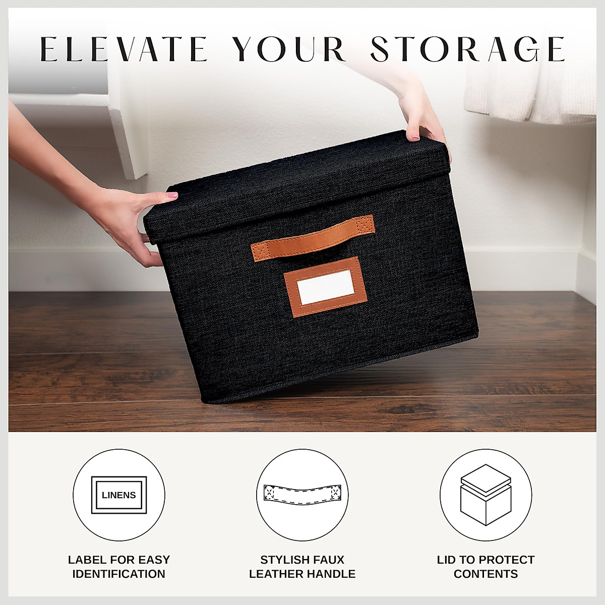 Clutter Cure Large Collapsible Storage Bins with Lids Fabric Handles, Faux Leather Handles and Label Holder, 16"x11"x11", 3-Pack of Decorative Storage Boxes with Lids Large for Home (Black)