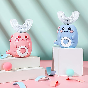 CHENGU 2 Pieces Kids U Shaped Toothbrush Whole Mouth Toothbrush Ultrasonic Silicone Toothbrush 360 Degrees Automatic Waterproof Toothbrush with 3 Modes for Kids Toddler, 2 to 6 Years(Dinosaur Style)