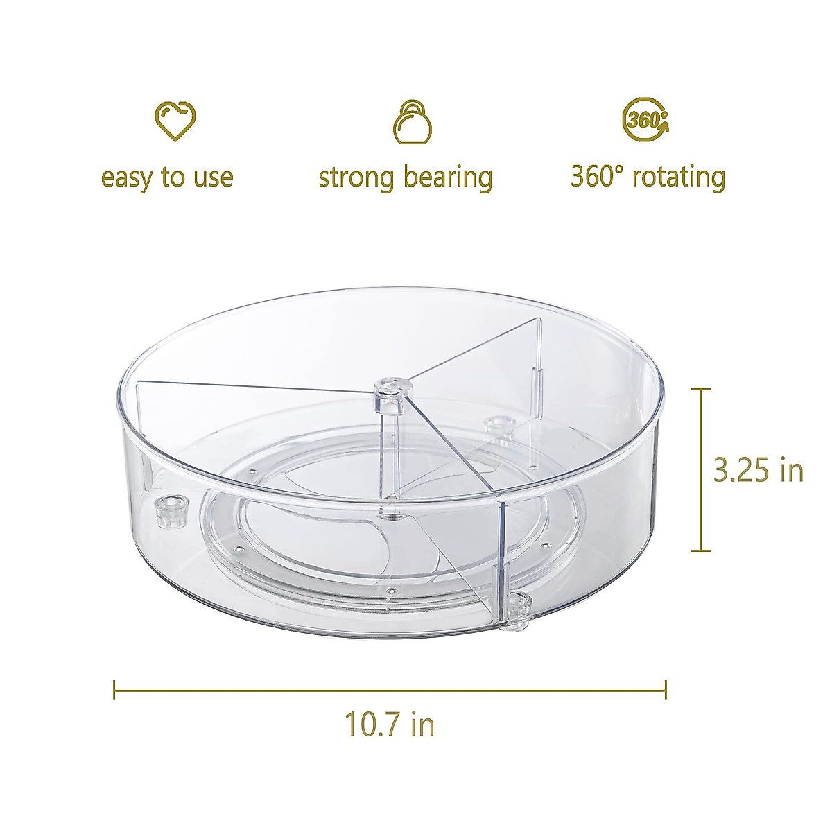 Empaxum Clear Lazy Susan Organizer with 3 Dividers 10.7" Plastic Divided Lazy Susan Turntable for Cabinet Medicine Cabinet Organizer Divided Spinning Storage for Kitchen, Pantry, Countertop, Bathroom