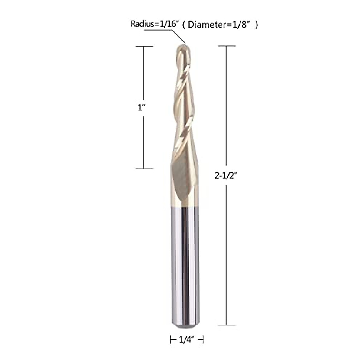 SpeTool Tapered Ball Nose End Mill 1/4" Shank with 1/16" Cutting Radius (1/8" Diameter) for 3D Carving Engraving Router Bit, ZrN Coated
