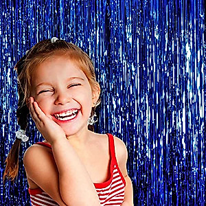 HalloweenDecorate 4 Pack Blue Foil Fringe Curtain Backdrop, 3.28Ftx8.2Ft Metallic Tinsel Streamers for Sea Party, Photo Booth Props, Birthday, 2022 Summer Ocean Theme Party Decoration Supplies
