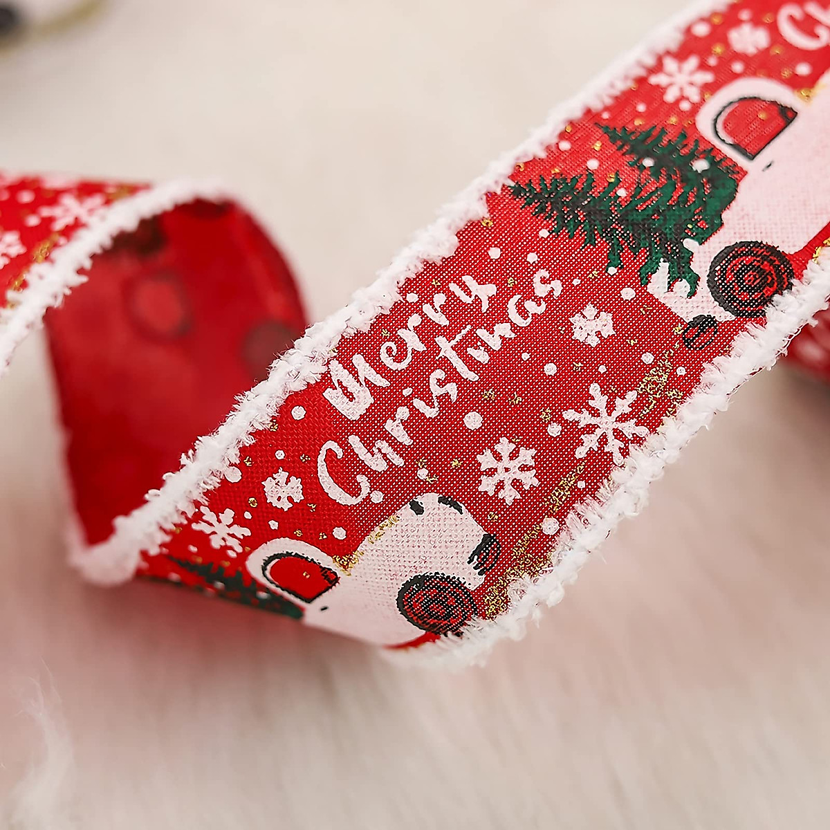 Christmas Ribbon Velvet Wired Edge, 2.5 Inches x 6.5 Yards Merry Christmas Car Snowflake Trees Burlap Ribbon for DIY Wreaths Floral Bow Gift Wrapping Xmas Party Decoration