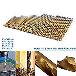 50 PCS,HSS Twist Drill Bits, 1/16", 5/64", 3/32", 7/64", 1/8" [10pcs for each],drilling on mild steel, copper, Aluminum, Zinc alloy (Titanium)