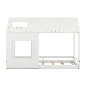GINGVAT Twin Size Wooden House Bed with Roof and Window, Wood Bedframe Furniture，White