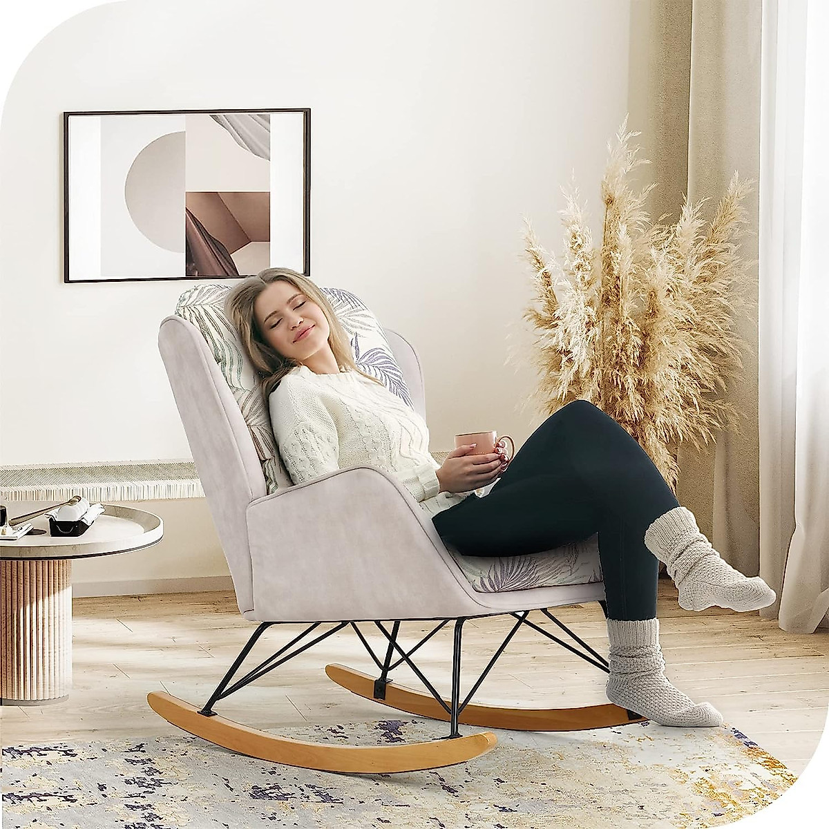 DWVO Modern Rocking Chair for Nursery, Thickened Removable Cushions Upholstered Glider Rocker Chair Armchair with Tall Back Comfy Side Chair Indoor for Living Room Bedroom, Beige