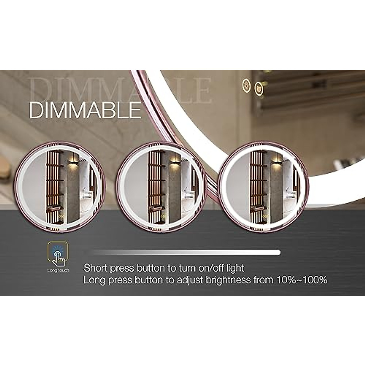 PetusHouse 32 inch Rose Gold LED Bathroom Mirror Circle Illuminated Wall Mounted Lighted Mirror Anti-Fog 3 Colors Change IP44 Dimmable Round LED Bathroom Mirror