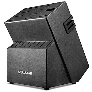 18-Slot Kitchen Knives Block, WELLSTAR Large Capacity Natural Wooden Knife Holder without Knives – Modern Hard Wood Counter-top Knife Storage with Built-in 2-Stage Knife Sharpener - Black