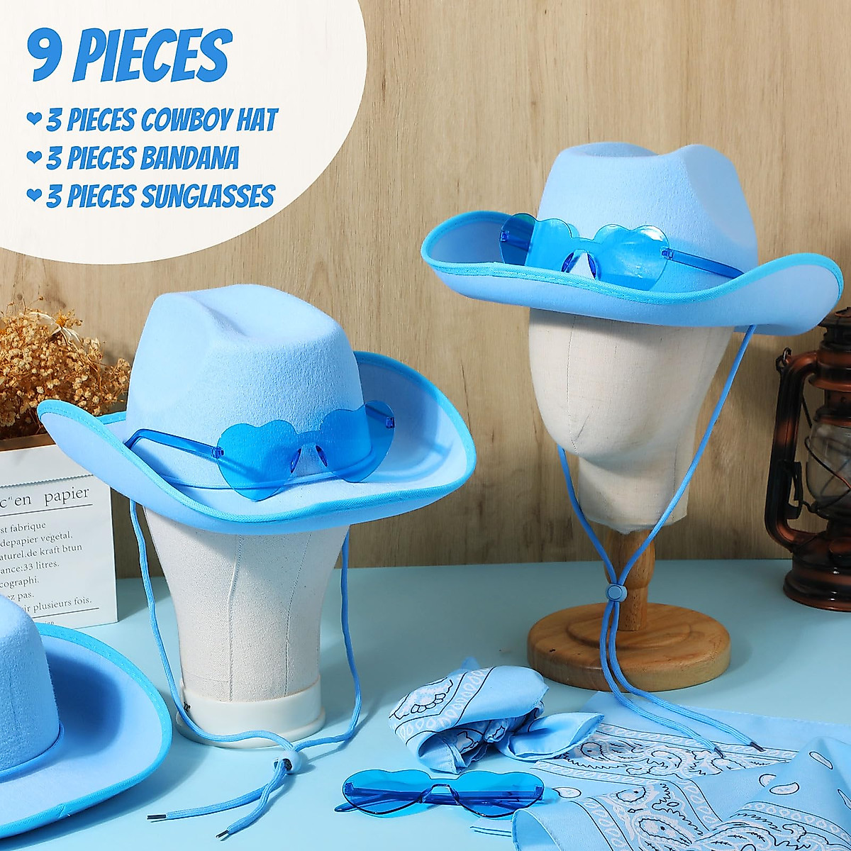 Geyoga 9 Pcs Cowboy Hat with Paisley Print Bandanas and Heart Shape Sunglasses for Halloween Cowboy Party Costume(Blue)