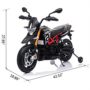 TOBBI 12V Kids Ride-On Motorcycle,Aprilia Licensed Battery Powered Dirt Bikes for Kids w/Training Wheels, Spring Suspension, Lights, Music Story USB MP3(Black)