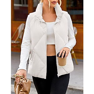 MEROKEETY Womens Puffer Vest Sleeveless Zip Up Quilted Coat Lightweight Stand Collar Gilet Jacket With Pockets White Large