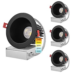 LUXRITE 4 Inch LED Recessed Lighting with Junction Box, 18W, CRI 90, 5 Color Selectable 2700K-5000K, 1500 Lumens, Regressed LED Downlight, 40° Beam, Dimmable, Wet Rated, IC Rated - Black (4 Pack)