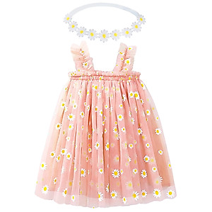 BGFKS Baby Girls Toddler Daisy Tutu Dress,Princess Party Dress with Soft Daisy Flower Headband.(Peach Pink,18 Months)
