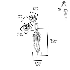 Pierced Owl 16GA 316L Stainless Steel CZ Crystal Paved Jellyfish Dangling Barbell (Silver Tone)