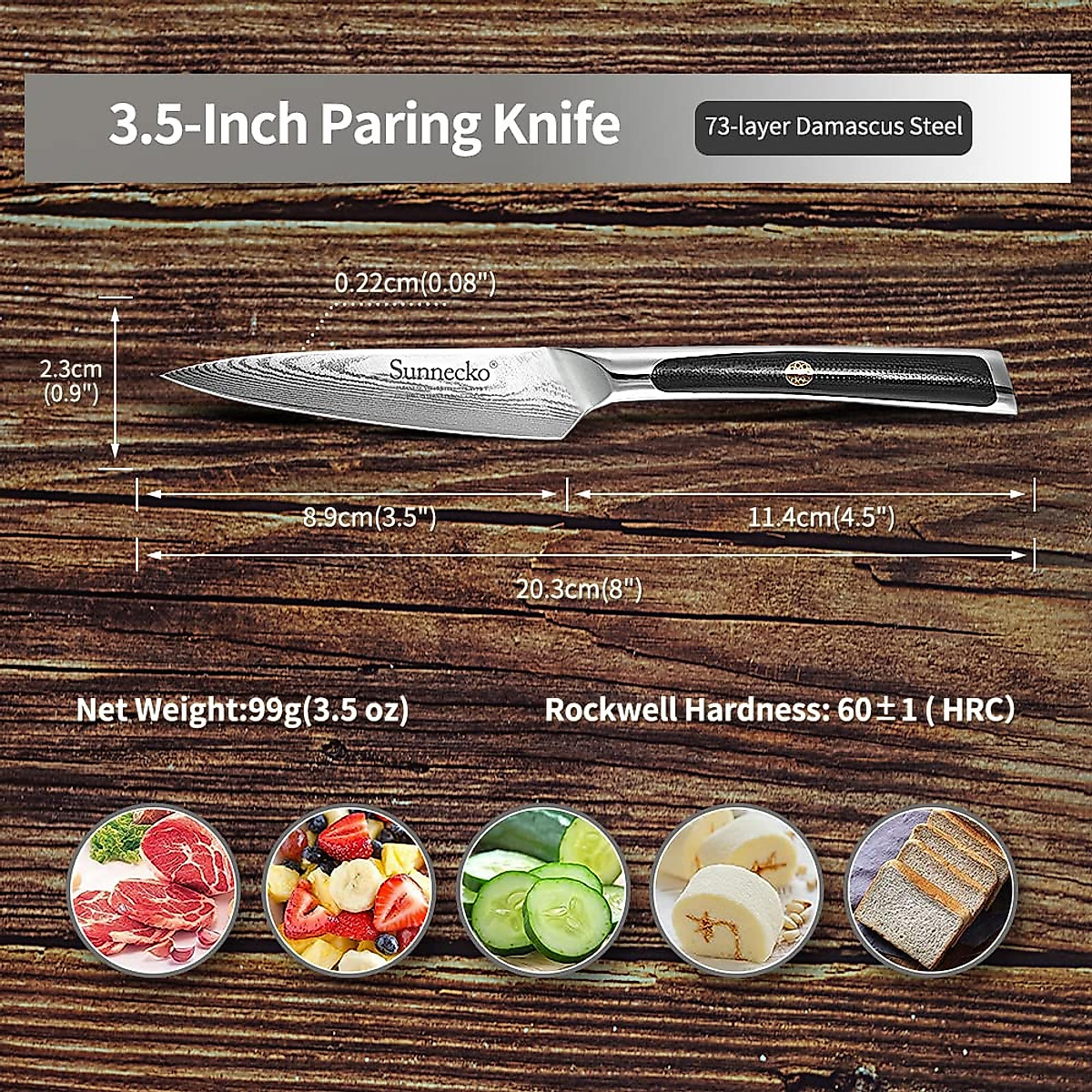 Sunnecko Small Kitchen Knife Japanese Paring Knife 3.5 Inch, Damascus Knife Full Tang, Fruit Knife Dishwasher Safe VG-10 High Carbon Stainless Steel with G10 Handle