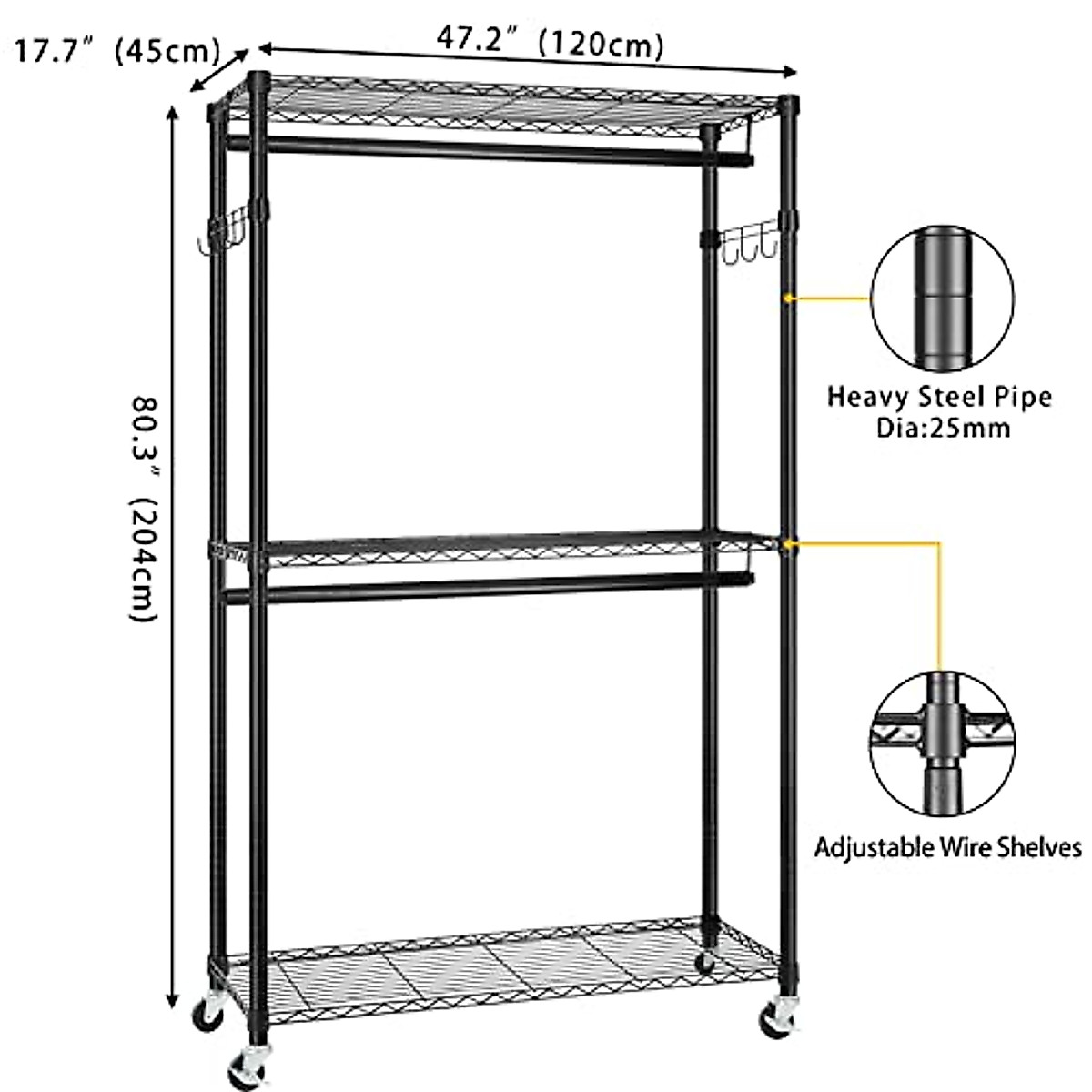 Finnhomy 47.2" L Metal Clothes Rack for Hanging Clothes 25mm Dia Tube Heavy Duty Garment Rack with 3-Tier Shelves/ Double Hanging Rods/ Lockable Wheels, Portable Closet Storage Rack Freestanding Wardrobe Closet Organizer