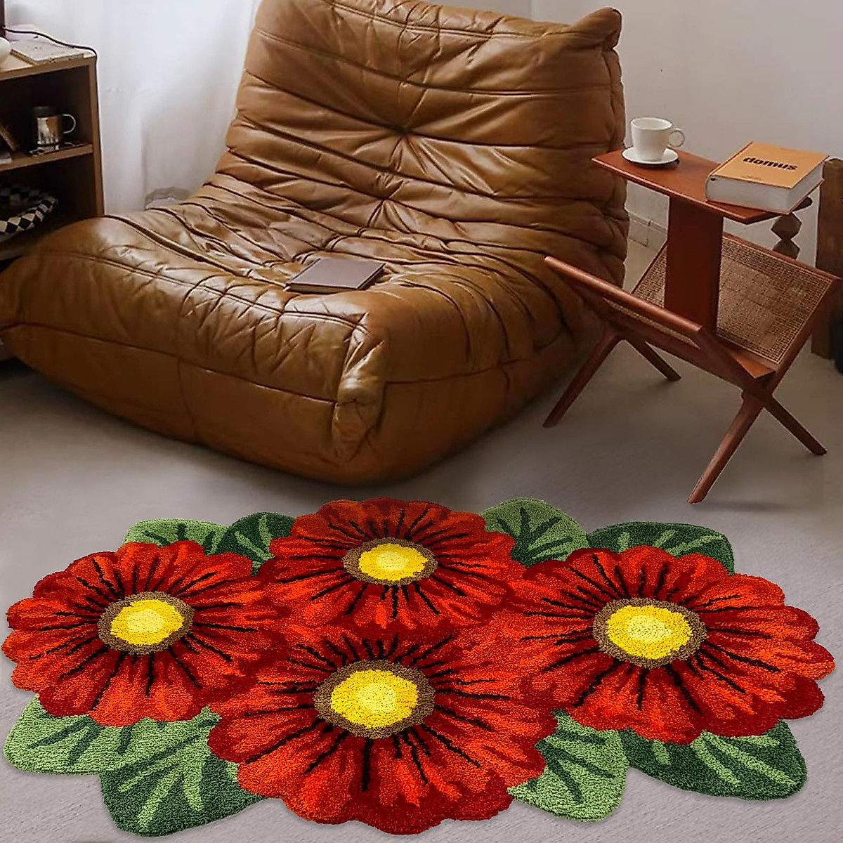 Abeigoi Sunflowers Rugs,Red Floral Thick Floor Carpet Handmade Absorbent Shaggy Rugs Sunflower Shaped Bath Rug for Bedroom Bathroom Shower/Doormat 27.5''x43.3''