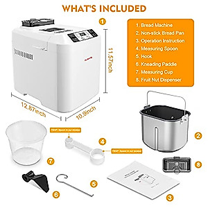 Bread Machine,AUMATE 2LB Bread Maker,with 12 Presets,Gluten-Free Setting,Auto Fruit Nut Dispenser & Nonstick Pan,2 Loaf Sizes,13H Reserve & 1H Keep Warm (Milky White)