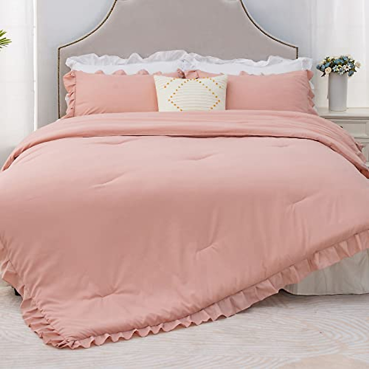 Litanika Full Size Comforter Sets, 3 Pieces Blush Pink Ruffle Girls Women Cute Bedding Comforters & Sets, Lightweight Fluffy Microfiber as Gift (79x90In Comforter & 2 Pillowcases)