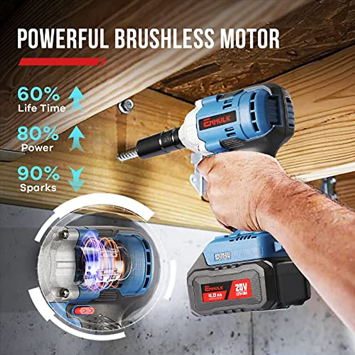 Enhulk Cordless Impact Wrench 1/2, 1/2 Impact Gun Brushless w/Max Torque 300 ft-lbs (400N.m), 20V Electric Impact Wrench with 4.0Ah Battery&Charger, Reverse Brake Stop, Variable Speed, for car repairs