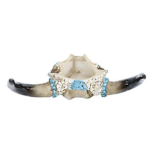 Ebros Gift Western Southwest Steer Bison Buffalo Bull Cow Skull With Mosaic Turquoise and Red Aztec Sun Teardrop Gems Decorative Jewelry Trinket Box Figurine Accent Macabre Ossuary Accent