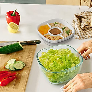 Bentgo® Glass All-in-One Salad Container - Large 61-oz Salad Bowl, 4-Compartment Bento-Style Tray for Toppings, 3-oz Sauce Container for Dressings, and Built-In Reusable Fork (White)