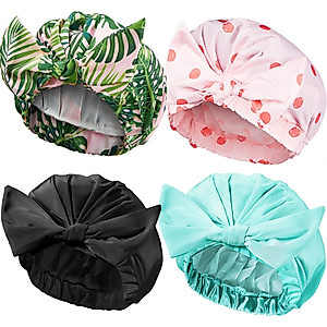 4 Pieces Shower Caps for Women, Waterproof Reusable Shower Hair Caps Elastic Hem Turban Shower Bath Caps Bowknot Satin Bath Hair Caps for Long Short Curly Hair(Dot, Black, Teal, Palm Leaves)