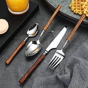 Aimilan 48 Piece Silverware Set for 12, 18/10 Stainless Steel Rosewood Wooden Handle Flatware Cutlery Set for Home Kitchen Restaurant, Mirror Finish, Dishwasher Safe (48-Piece for 12)