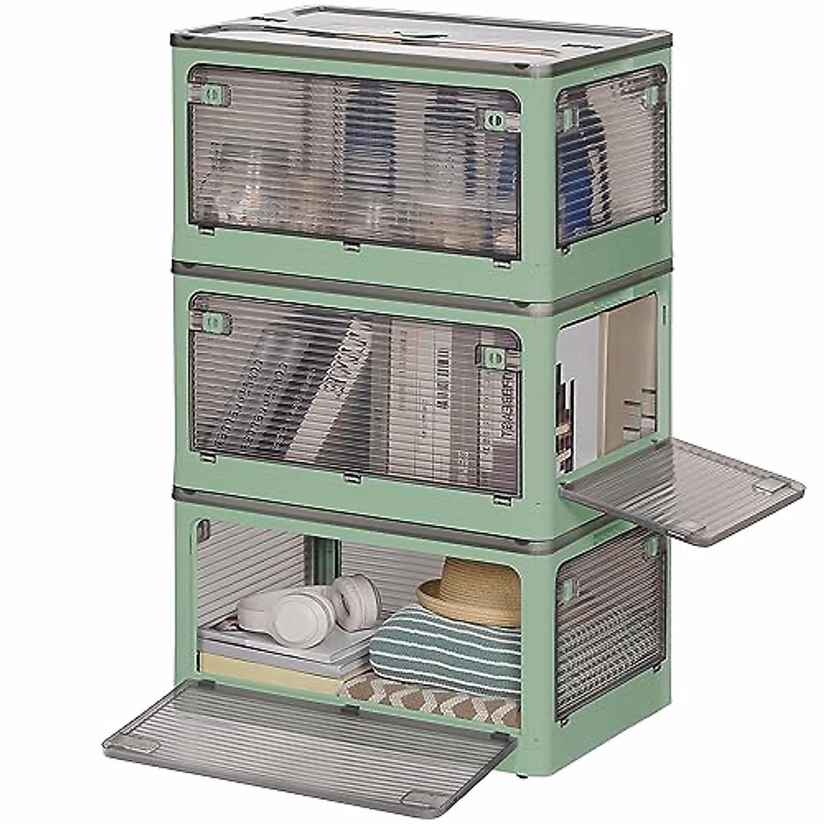 HOOBRO 22.2 Gal Plastic Storage Bins with Lids, Collapsible Storage Bin with Wheels, Folding Storage Box, Stackable Storage Bins with 5 Doors, for Home, Office Organizing, 3-Pack, Green JG84CWP301