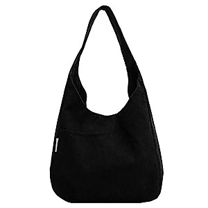 Corduroy Tote Bag for Women Solid Color Snap-Button Fastening Exterior Slip Pocket Single Shoulder Strap Hobo Handbag (Black)