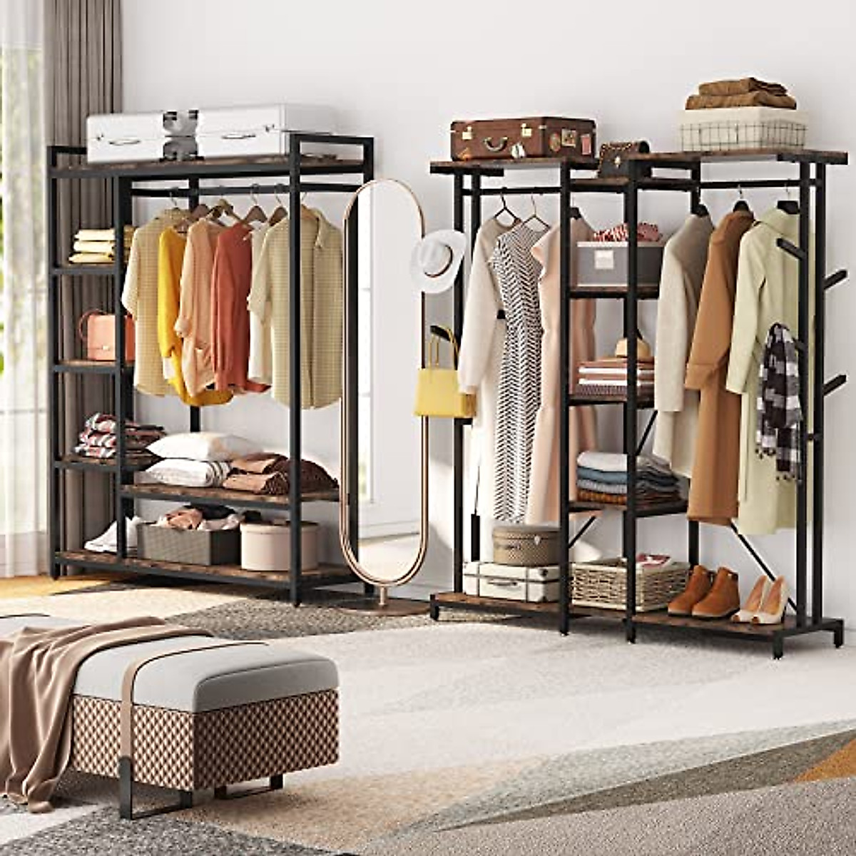 Tribesigns Extra Large Closet Organizer with Hooks, Free-Standing Closet Clothes Rack with Shelves and Hanging Rod, Heavy Duty Industrial Clothing Shelf Closet Storage System for Bedroom (rustic)