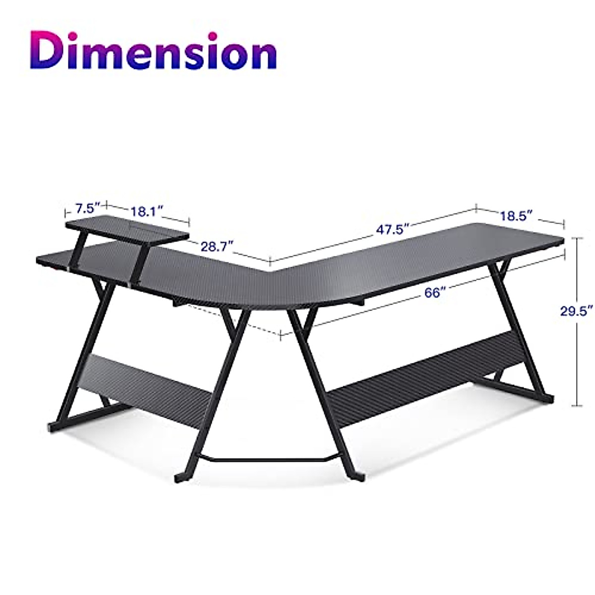 MOTPK L Shaped Gaming Desk 66 Inch, Gaming Computer Desk L Shape with Carbon Fiber Surface, Gamer Desk Gaming Table with Monitor Shelf, Cup Holder & Headphone Hook, Black