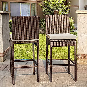 Sundale Outdoor Bar Stools 30 Inch Seat Height Set of 4, Patio Wicker Counter Stools with Back Rest, High Brown Rattan Chair with Pillow & Beige Cushion, All-Weather Armless Tall Pub Barstool