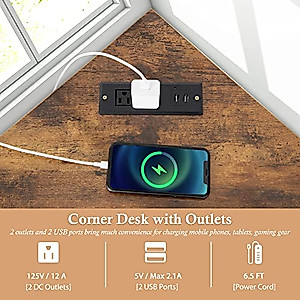 GOFLAME Corner Desk with Power Outlet, Triangle Computer Desk for Small Space, Space-Saving Writing Desk with Storage Shelf and Charging Station, Modern Laptop PC Desk for Home Office (Rustic Brown)
