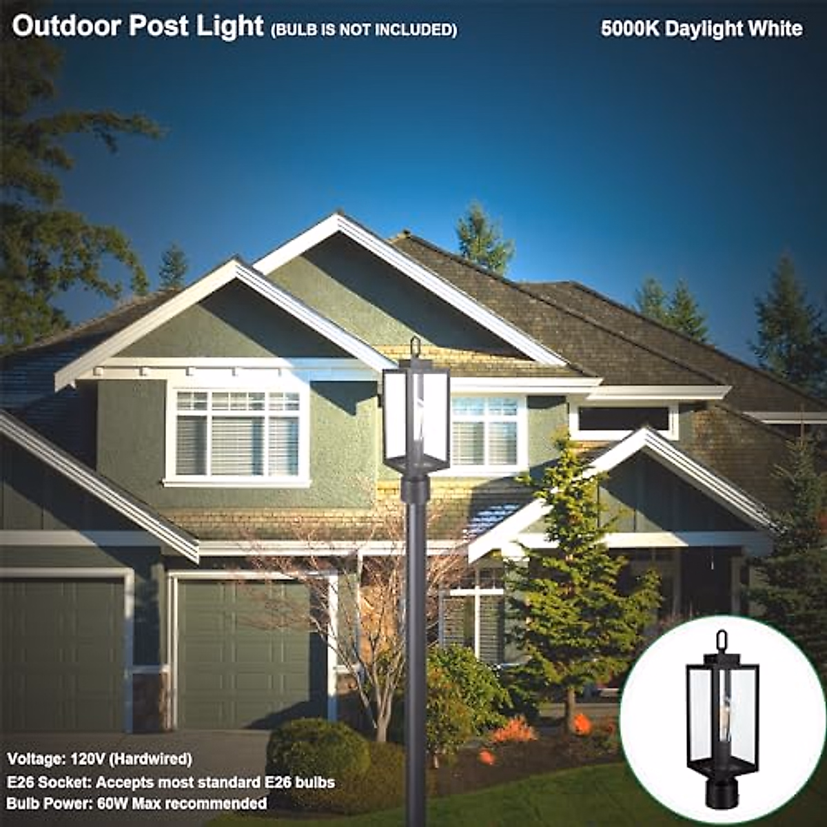 LIT-PaTH Outdoor Post Lighting Fixture with E26 Medium Base Max 60W, Metal Housing Plus Clear Glass, Matte Black Finish, Bulb Not Included, 1-Pack