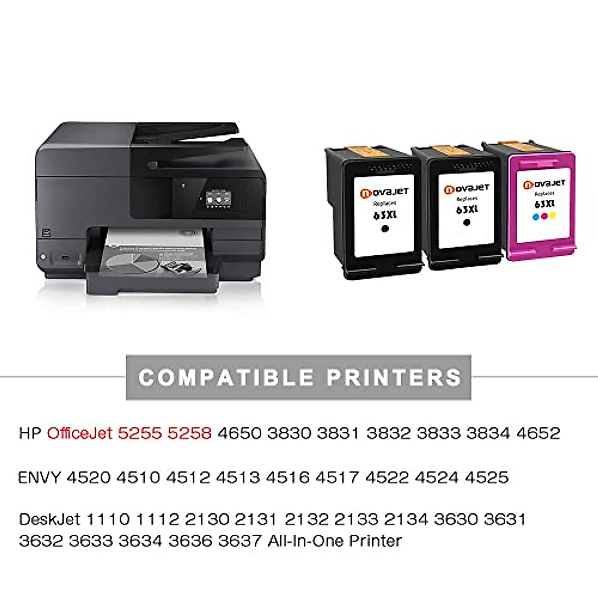 Novajet Remanufactured Ink Cartridge Replacement for HP 63XL 63 XL Use in Envy 4512 4516 4520 Officejet 3830 3831 4650 4655 Deskjet 2130 2132 3630 3632 3634 3636 Printer (2 Black, 1 Tri-Color)