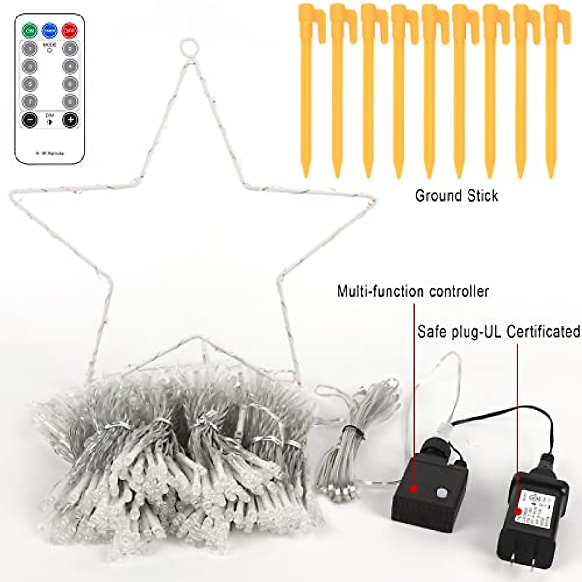 416 LEDs 8 Modes Outdoor Christmas Decorations Star Lights String, Star Lights Outdoor with 12" Lighted Topper Star with Remote Control Outdoor Party Seasonal Garden Patio Xmas Decor Warm