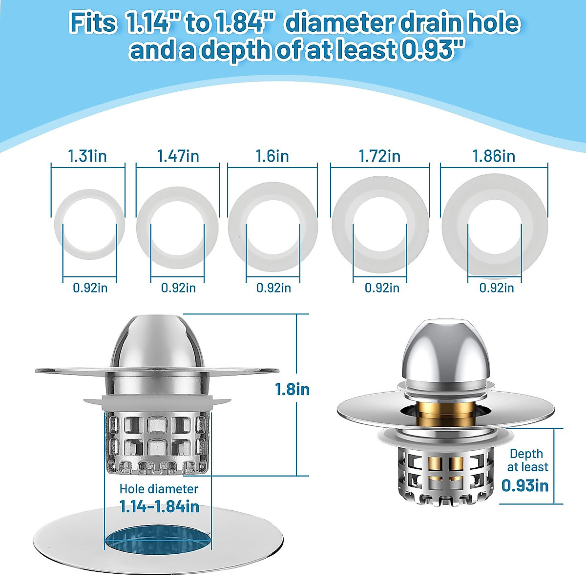 Aluvor Bathtub Stopper/Bathroom Sink Stopper/Drain Hair Catcher/Drain Stopper/Pop Up Sink Drain Strainer/Drain Plug with Anti Clogging Filter for 1.14-1.84inch Drain Holes