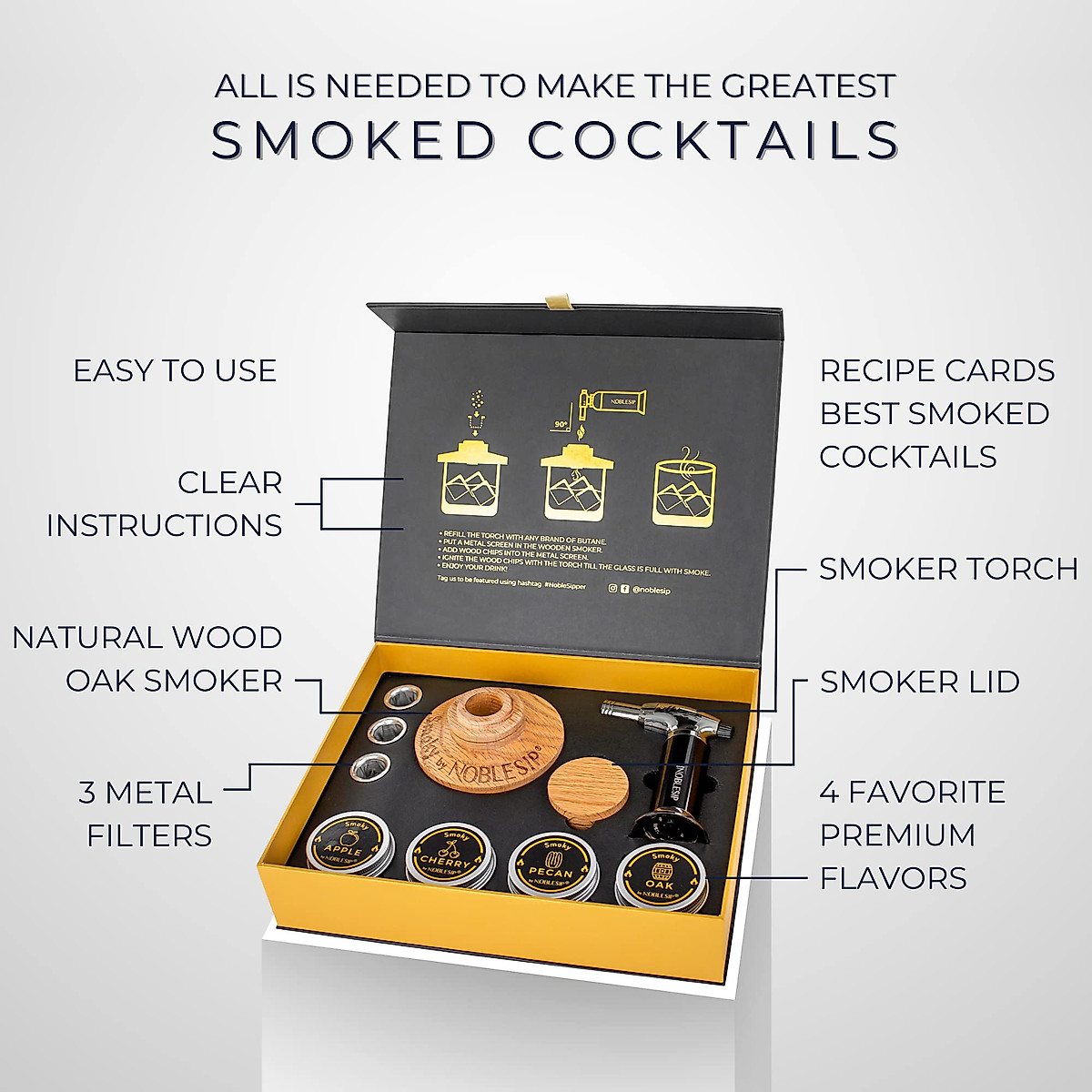 Whiskey Smoker Kit 𝗣𝗥𝗘𝗠𝗜𝗨𝗠 Smoky by NOBLESIP - Complete Bar Set to Smoke your Old Fashioneds and all your Favorite Cocktails. Great gift for Whisky, Bourbon, and Scotch lovers. 100% Natural Oak