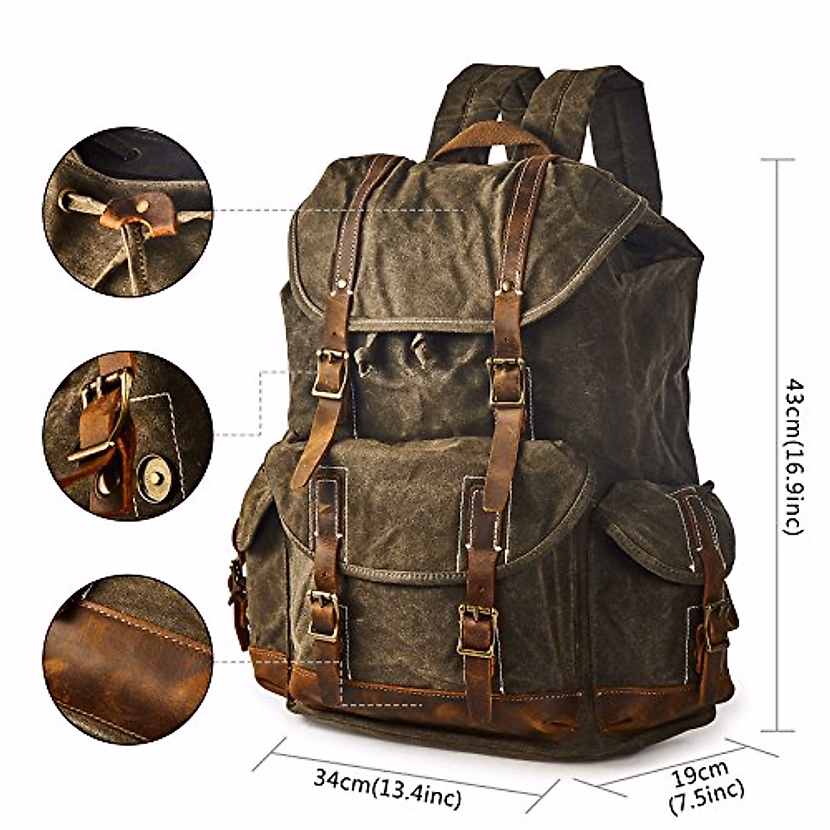 BRASS TACKS Leathercraft Heavy Duty Waxed Canvas Vintage Backpack for Men Women Trim Casual 15.6" laptop Travel Rucksack Shoulder Rucksack for Travel