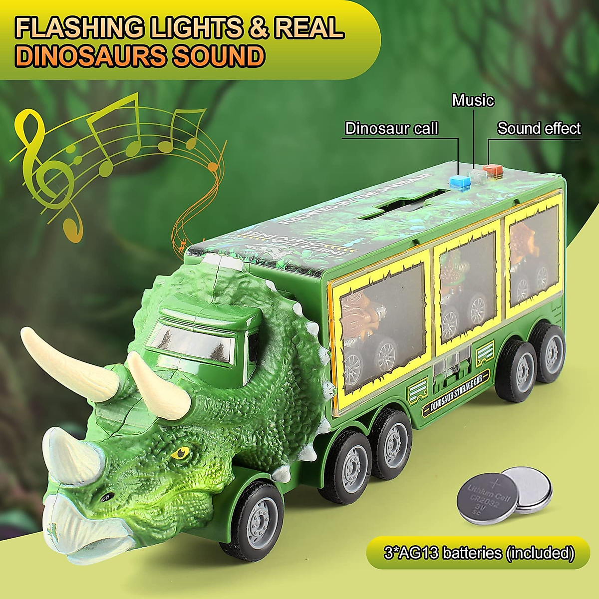 Dinosaur Toy Trucks for Kids - 28 Pack Pull Back Cars Set with Flashing Lights, Music,Roaring Sound,Dinosaur Car with Cars Launcher Track for Boys Girls Age 3 4 5 6 7 8 Year Old (Green)