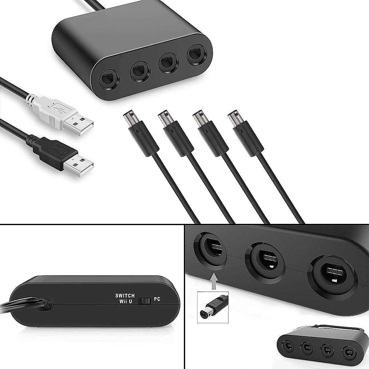 4 Controllers for Gamecube with 4 Extension Cables and 4-Port USB Adapter for Switch PC Wii U Console (Black+Blue+Red+Green)